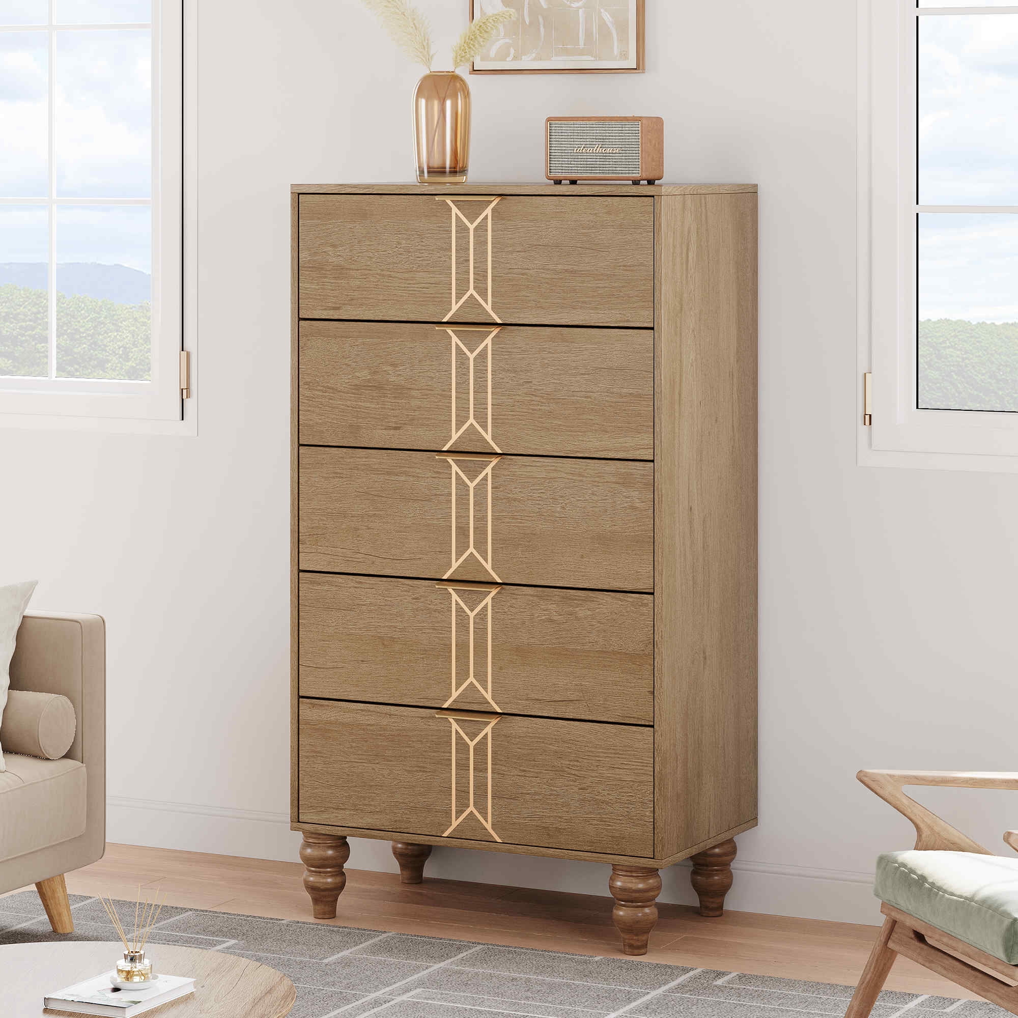 Modern Accent Storage Cabinet, Wooden 5 Drawer Dresser with Vintage ...