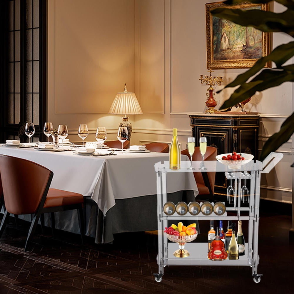 Modern Acrylic Bar Trolley, 3-Tier Lockable Wheels Cart for Home Bar ...