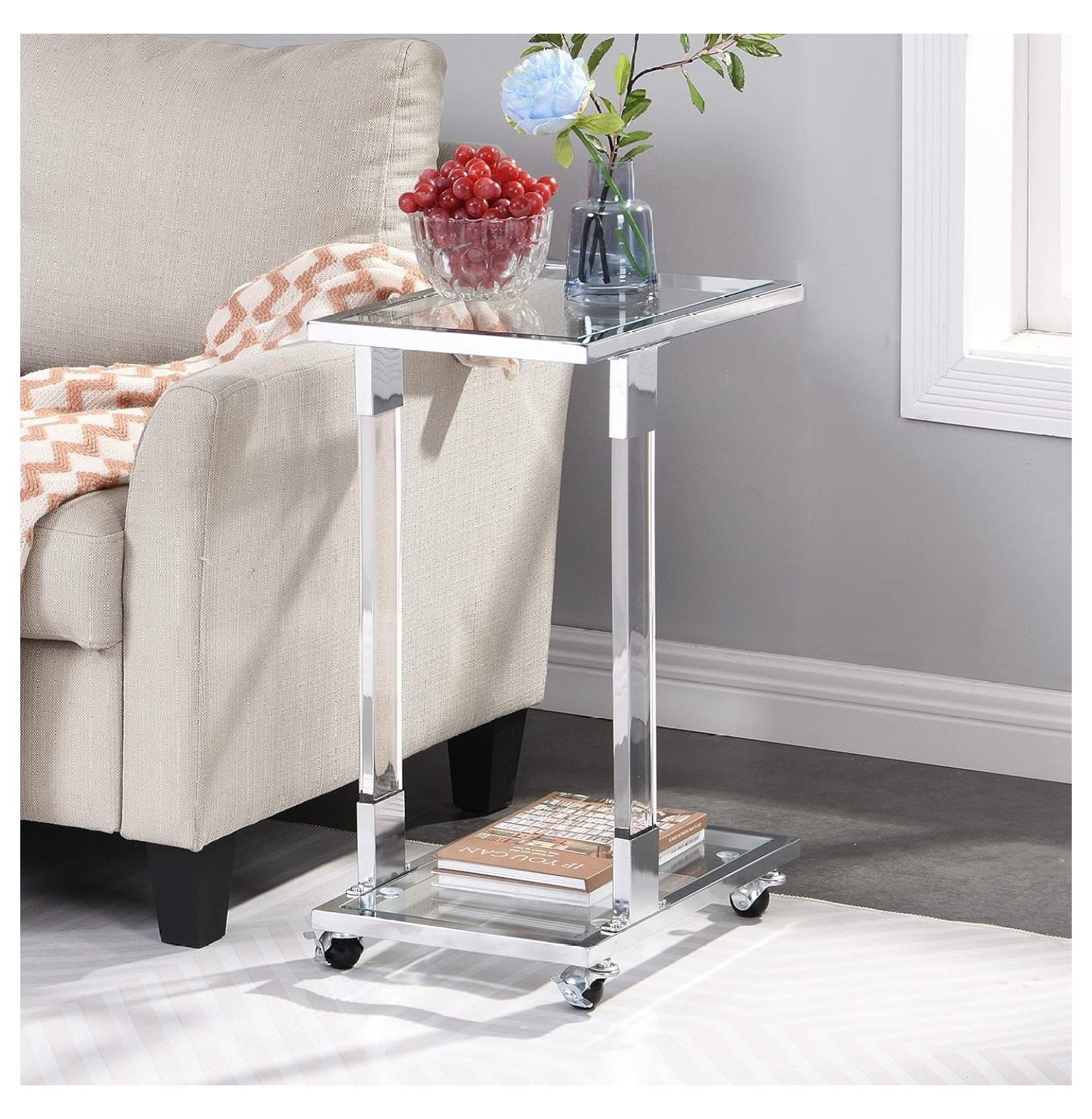 Modern Acrylic TV Tray Table Rolling Sofa Side Snack Table with Wheels ...