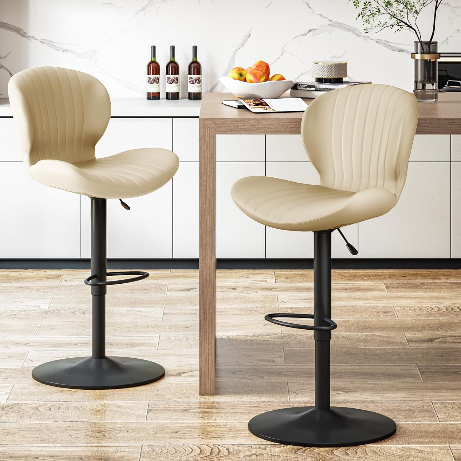 Modern Adjustable Bar Stools Set of 2, Faux Leather Upholstered Swivel ...