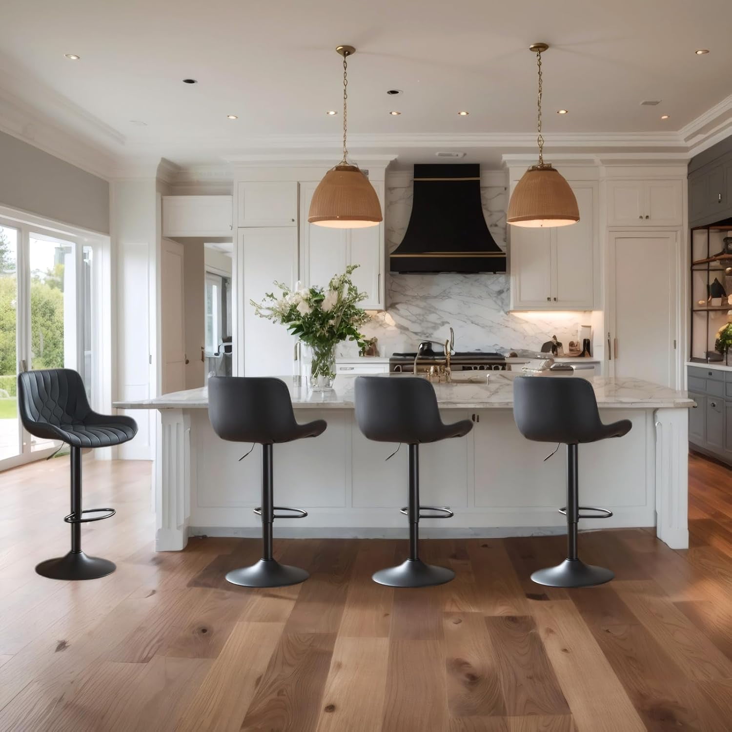 Modern Adjustable Bar Stools Set of 4,Swivel Backs with Faux Leather ...