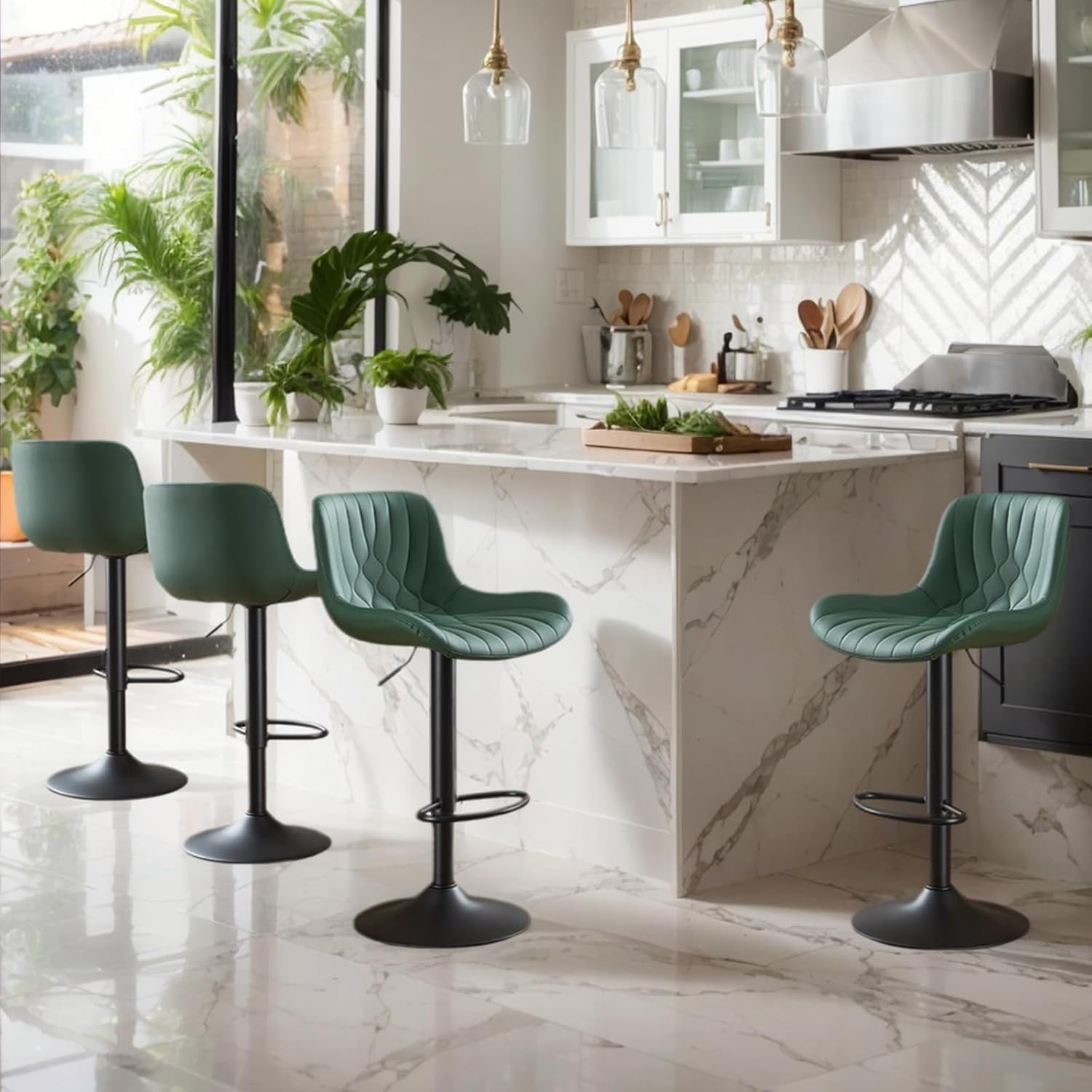 Modern Adjustable Bar Stools Set of 4,Swivel Backs with Faux Leather ...