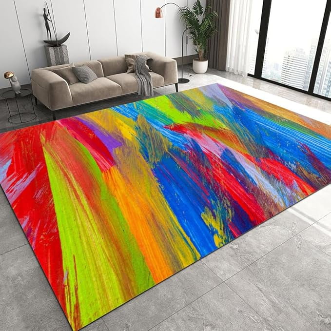 Modern Aesthetic Art Design Area Rug, Colorful Rainbow Painting For ...
