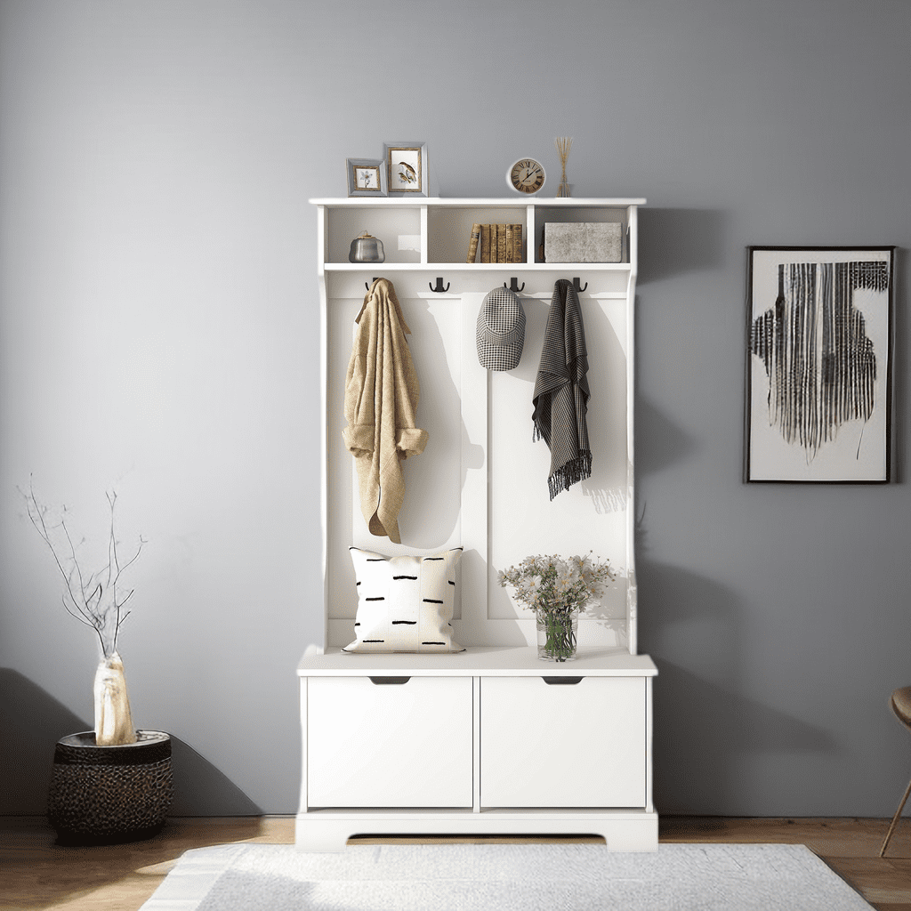 Modern All in One Hall Tree with 3 Top Shelves and 2 Flip Shoe Storage ...