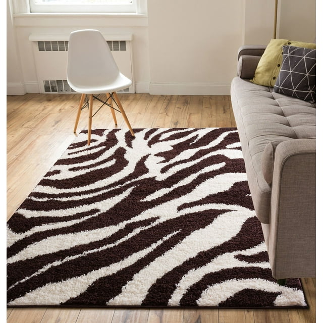 Modern Animal Print 5x7 ( 5' x 7'2'' ) Area Rug Shag Zebra Brown Ivory ...