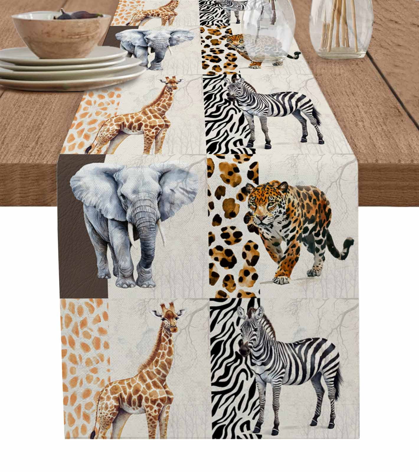 Modern Animals Table Runner 72 Inches, Vintage Giraffe Zebra Elephant ...