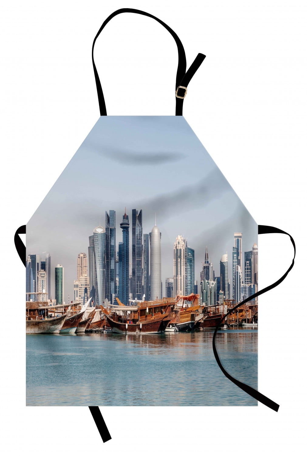 Modern Apron Qatar City Skyline at Dhow Middle Eastern Coast with Ships ...