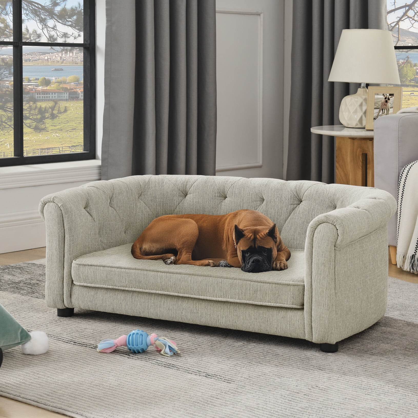 Modern Arc-Back Pet Sofa with Armrests, Breathable Linen Dog Bed with ...