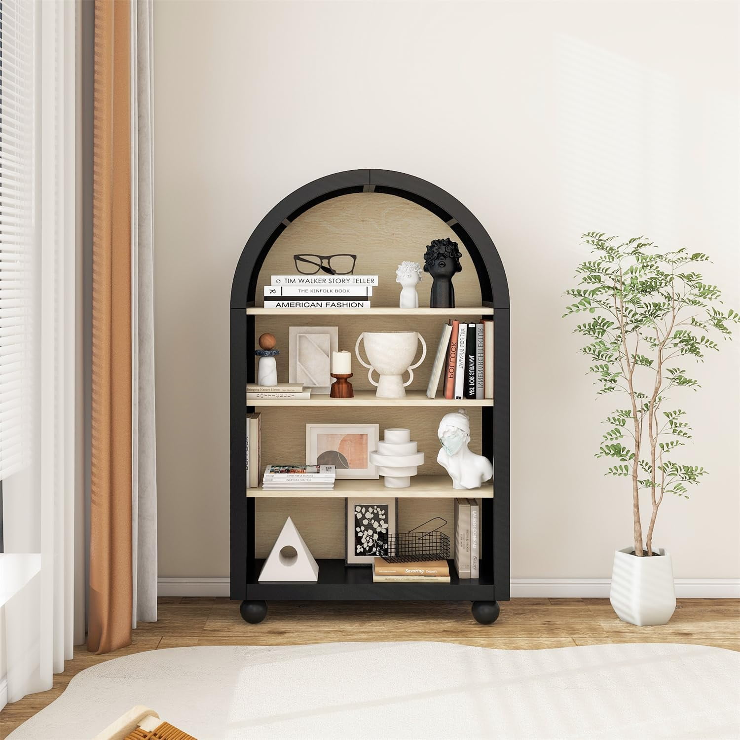 Modern Arched Bookcase Cabinet,4 Tier Arched Bookshelf with Wood ...