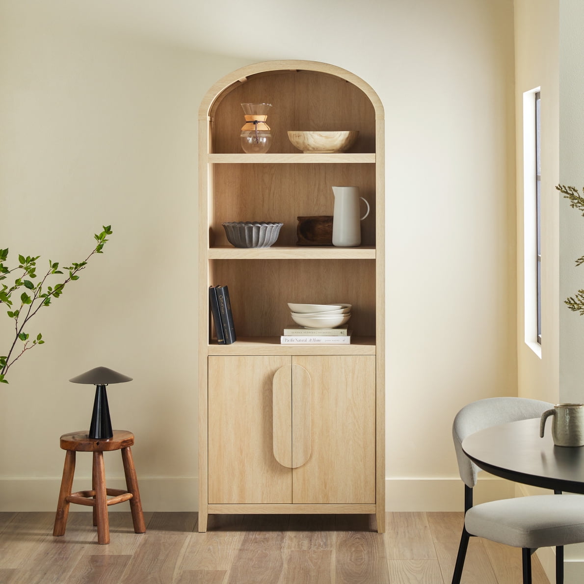 Modern Arched Bookshelf with 3-Tier Open Shelving & 2-Door Storage ...