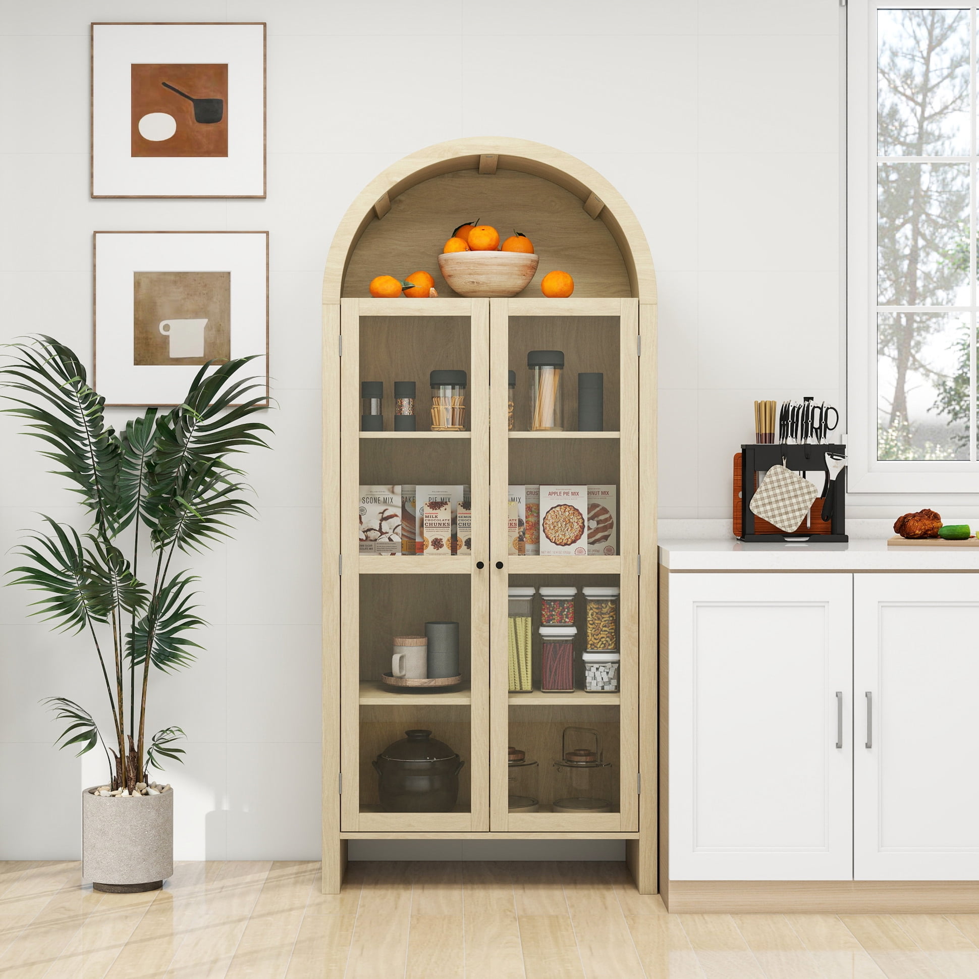 Modern Arched Cabinet with Magnetic Glass Doors, 70" Tall Farmhouse ...