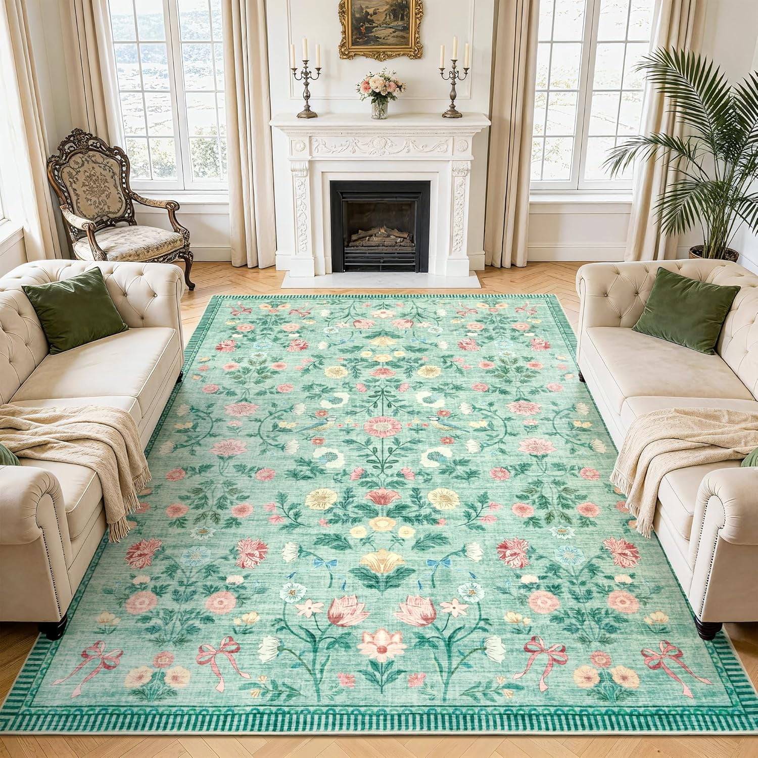 Modern Area Rug for Living Room, Floral Pattern Washable Floor Carpet ...