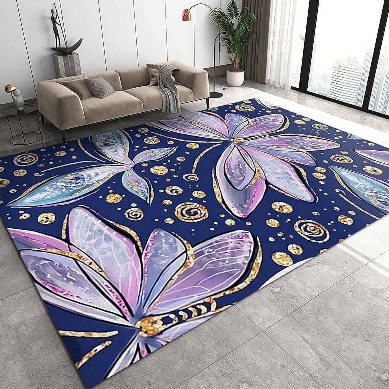 Modern Area Rugs, Purple Gold Edge Shiny Butterfly Blue Bedroom Rug ...