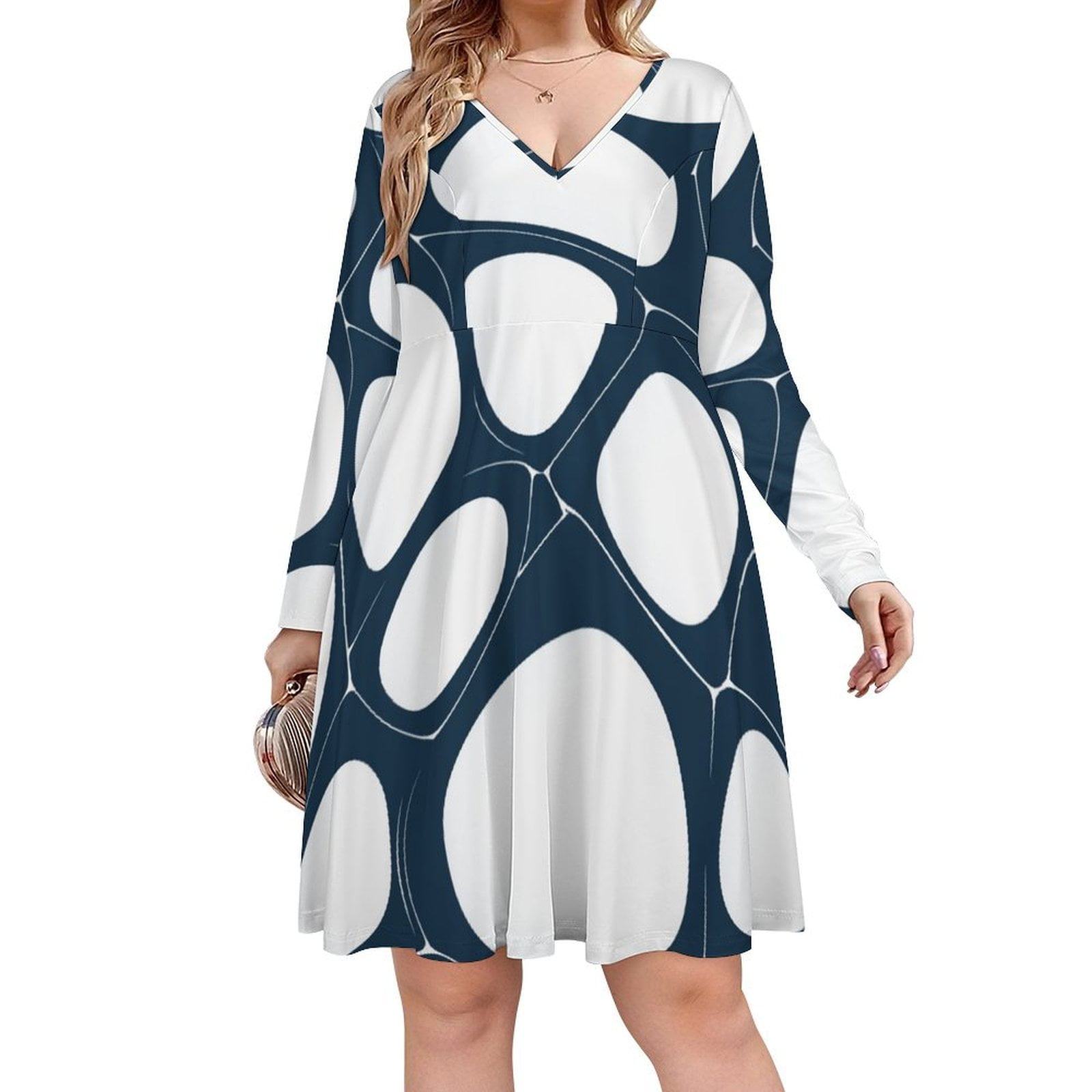 Modern Art Black And White Long Sleeve Dresses For Women Vintage Elegant Party Dress Oversized V ...