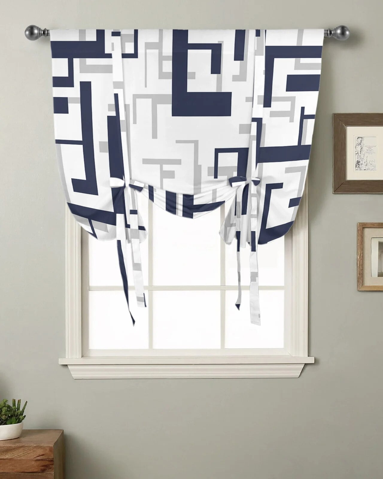 Modern Art Geometric Blue Grey White Kitchen Short Window Curtain ...