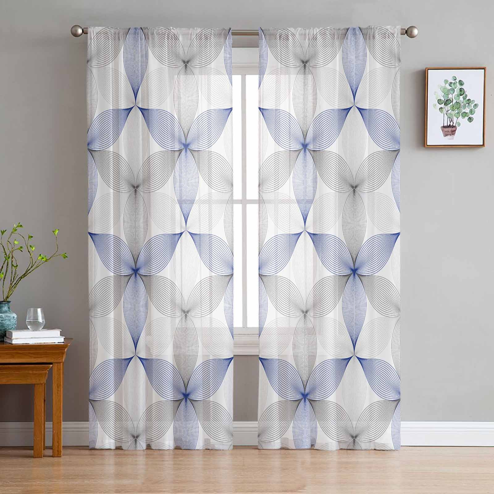 Modern Art Geometric Pattern Blue Sheer Curtains for Living Room Tulle ...