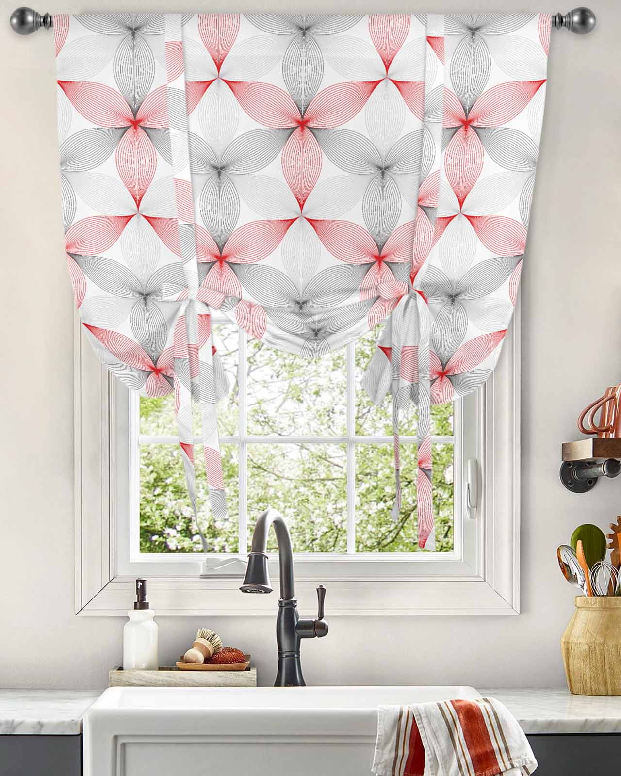 Modern Art Geometric Pattern Red Window Curtains Tie Up Curtains for ...
