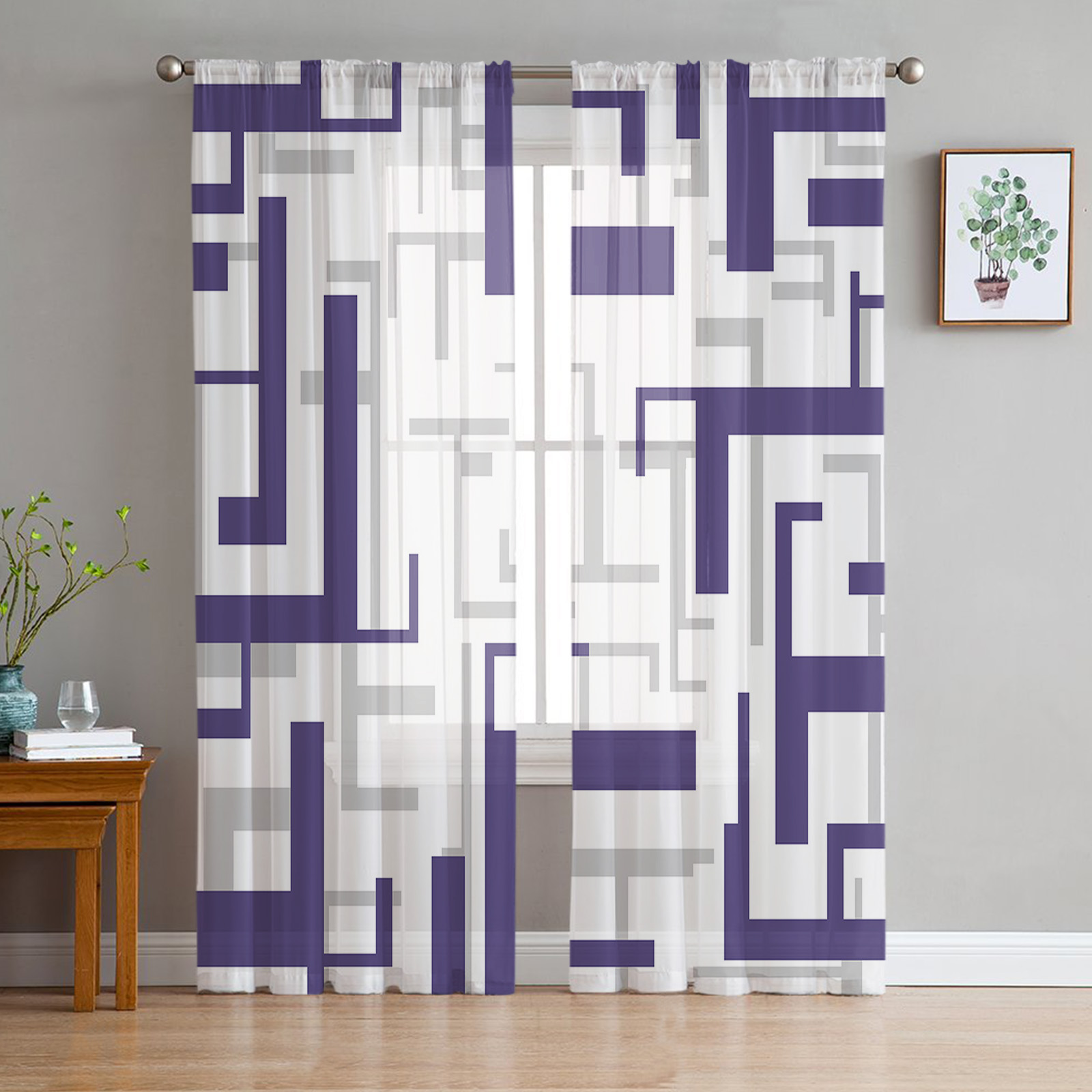 Modern Art Geometry Black Grey Sheer Curtains For Living Room Bedroom ...