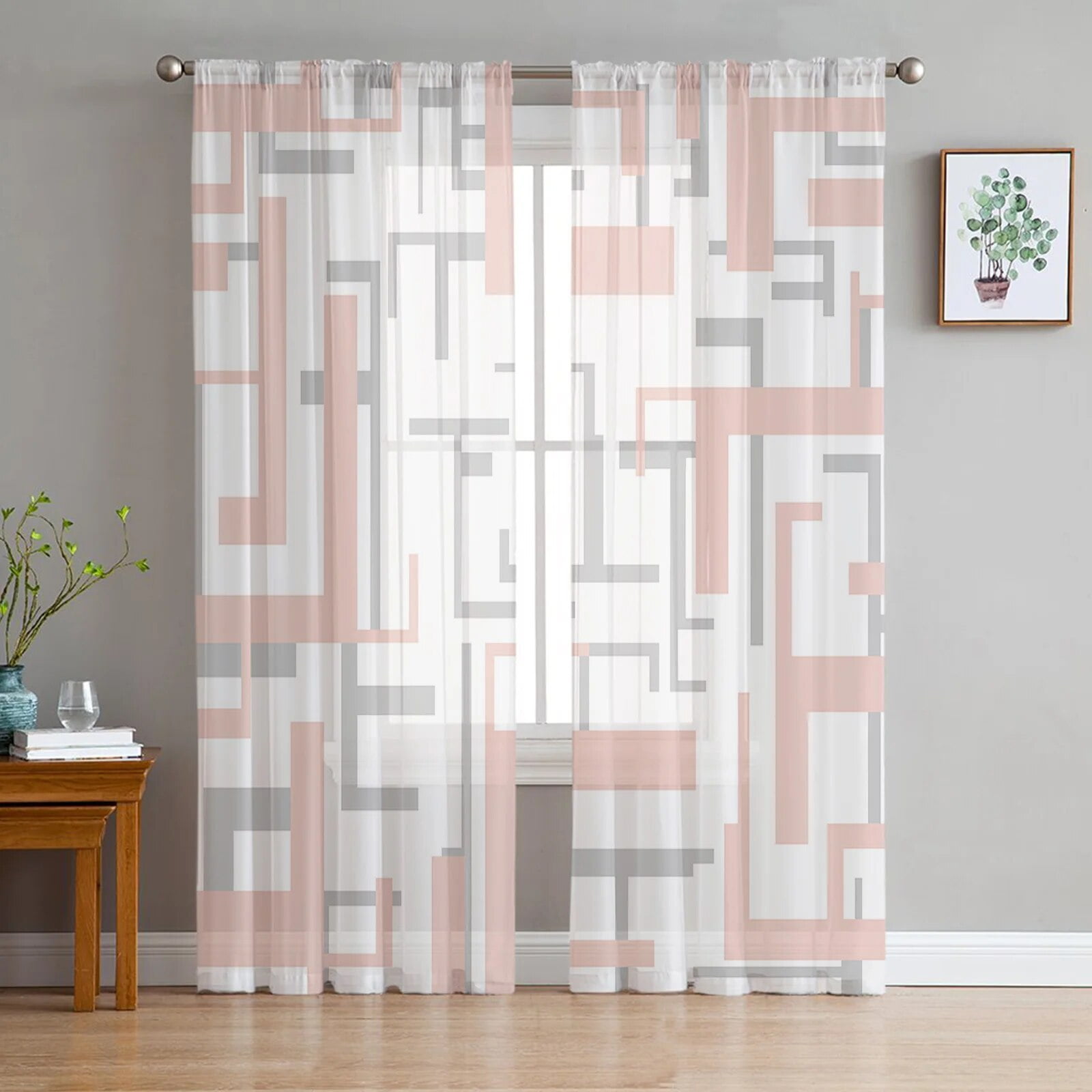Modern Art Geometry Pink Grey Tulle Voile Curtains For Bedroom Window ...
