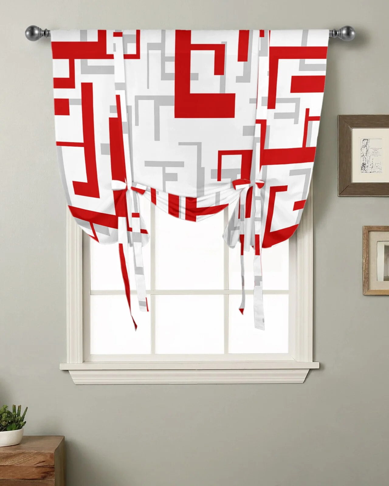 Modern Art Geometry Red Grey Kitchen Short Window Curtain Rod Pocket ...