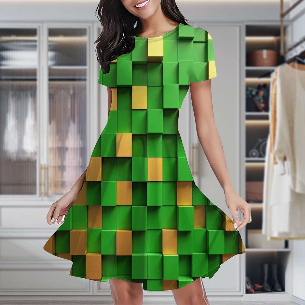 Modern Art Green Gold Squares Women's Classic Swing Skater Dress Casual ...