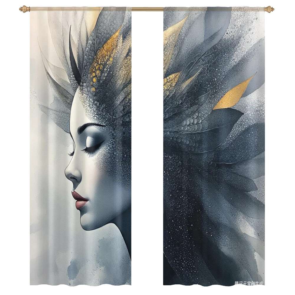 Modern Art Lady Portrait Modern Tulle Window Curtains for Living Room ...