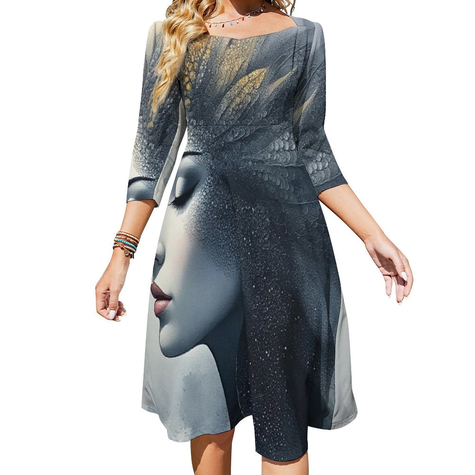 Modern Art Lady Portrait Women's 3/4 Sleeve Dresses Elegant A-Line Midi ...