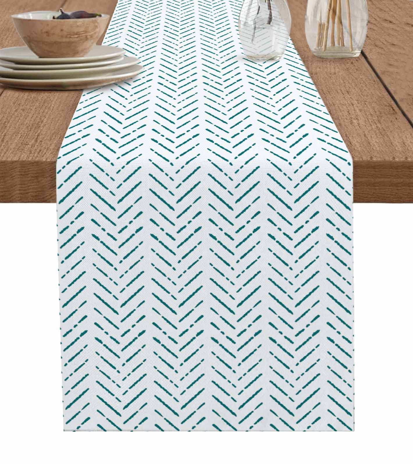 Modern Art Line Texture Teal Table Runner Cotton Lin Wedding Table r ...