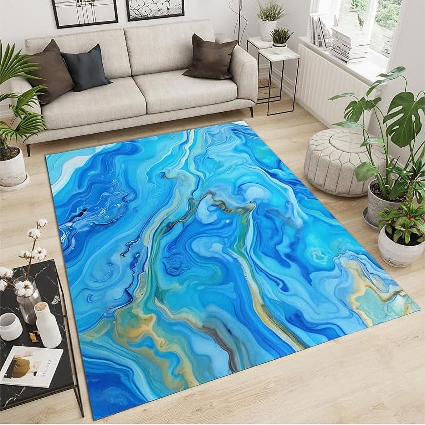 Modern Art Luxury Washable Rugs, Blue Fluid Irregular Texture Area Rugs ...