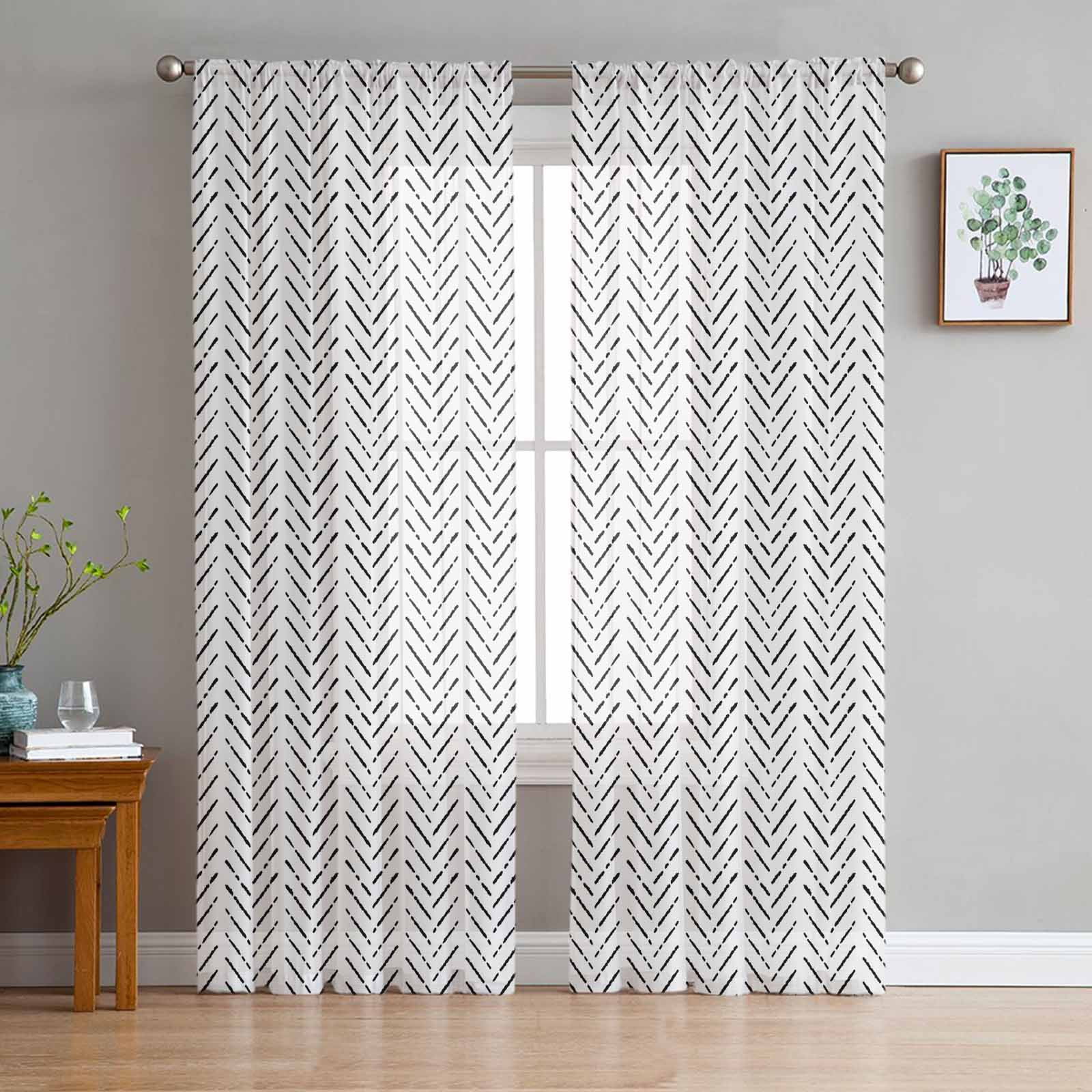 Modern Art Minimalist Line Texture Black Sheer Curtains for Kids ...