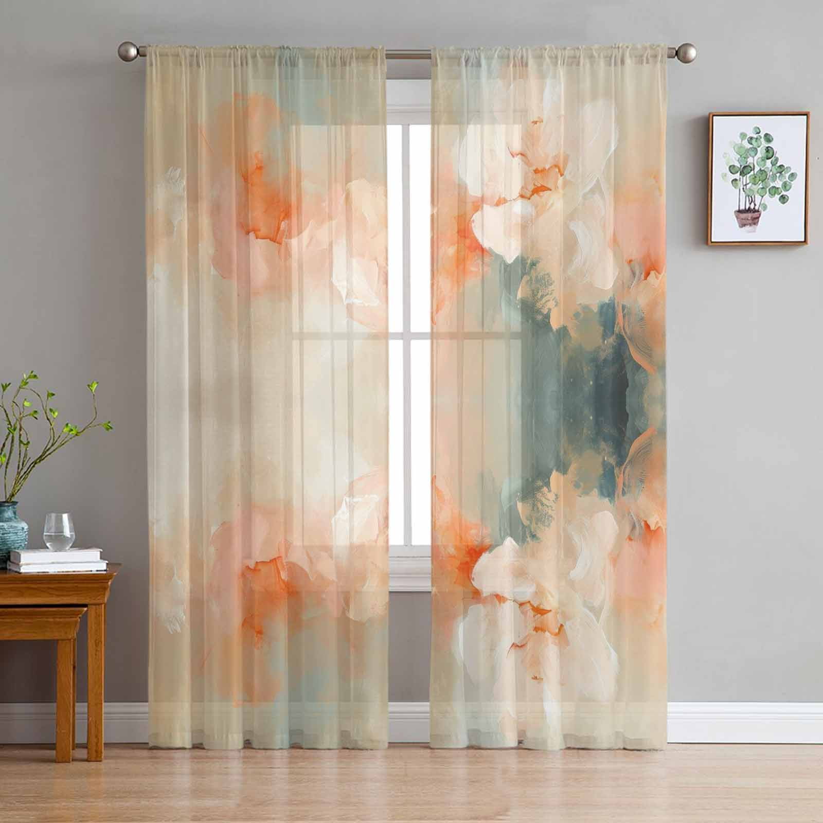 Modern Art Of Flower Oil Painting Triangle Tulle Sheer Curtains For ...