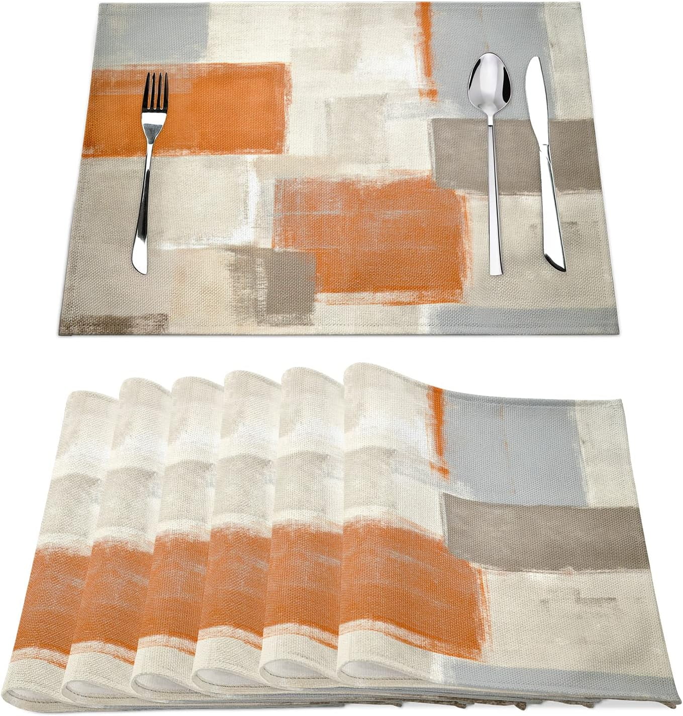 Modern Art Placemats for Dining Table Set of 6 Orange Abstract Painting ...