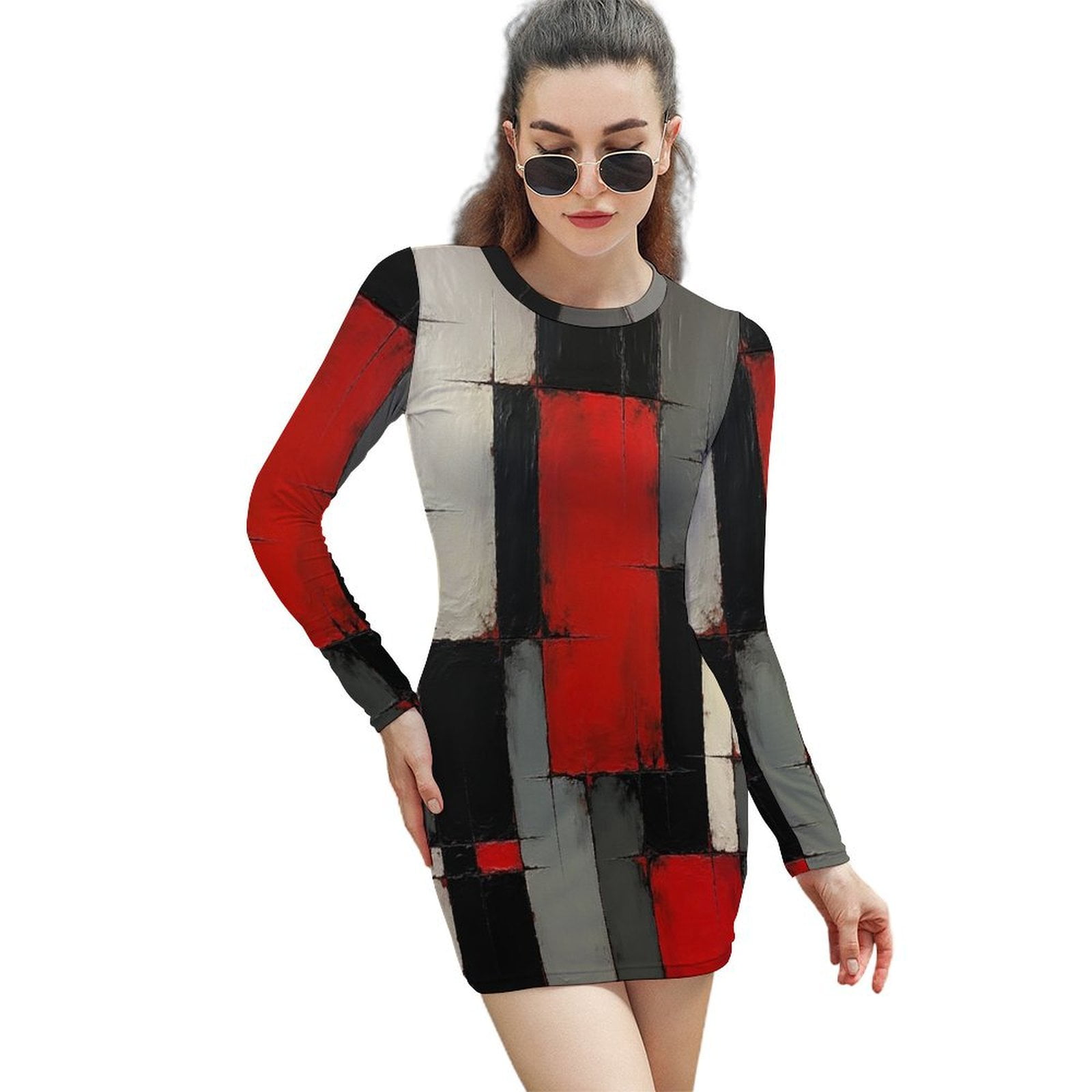 Modern Art Red Gray Black White Geometric Women's Long Sleeve Bodycon ...