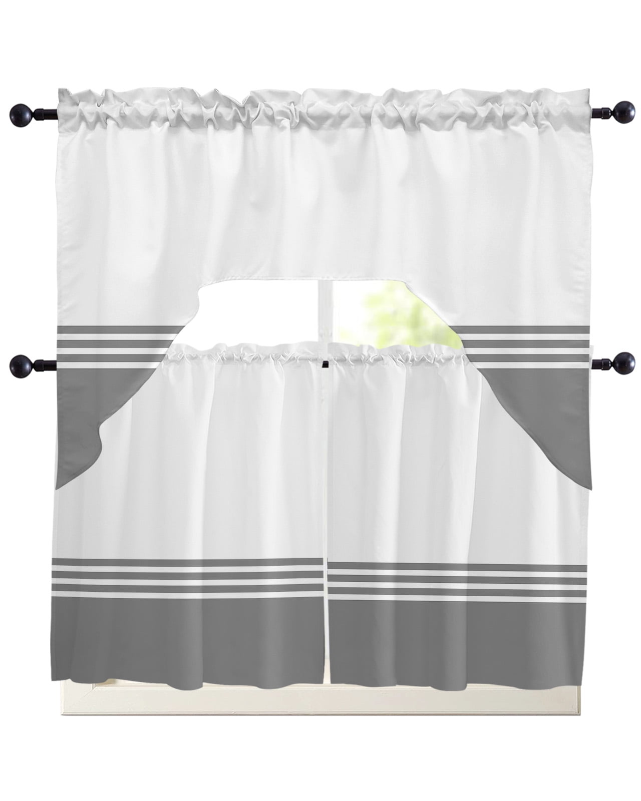 Modern Art Swag Valance and Tier Curtains Set Grey White Simple Striped ...