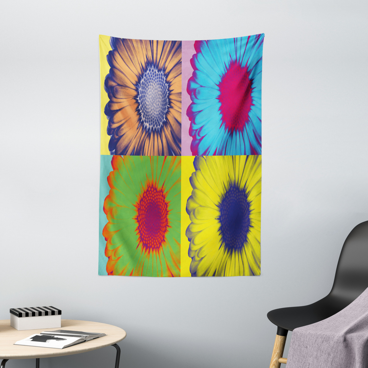 Modern Art Tapestry, Pop Art Inspired Colorful Kitschy Daisy Flower ...