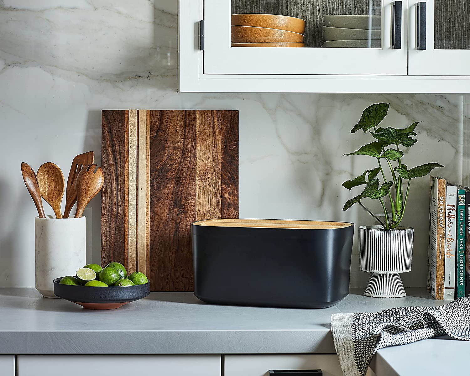 Modern Bamboo Fiber & Plastic Bread Box with Reversible Wood Lid, Black ...