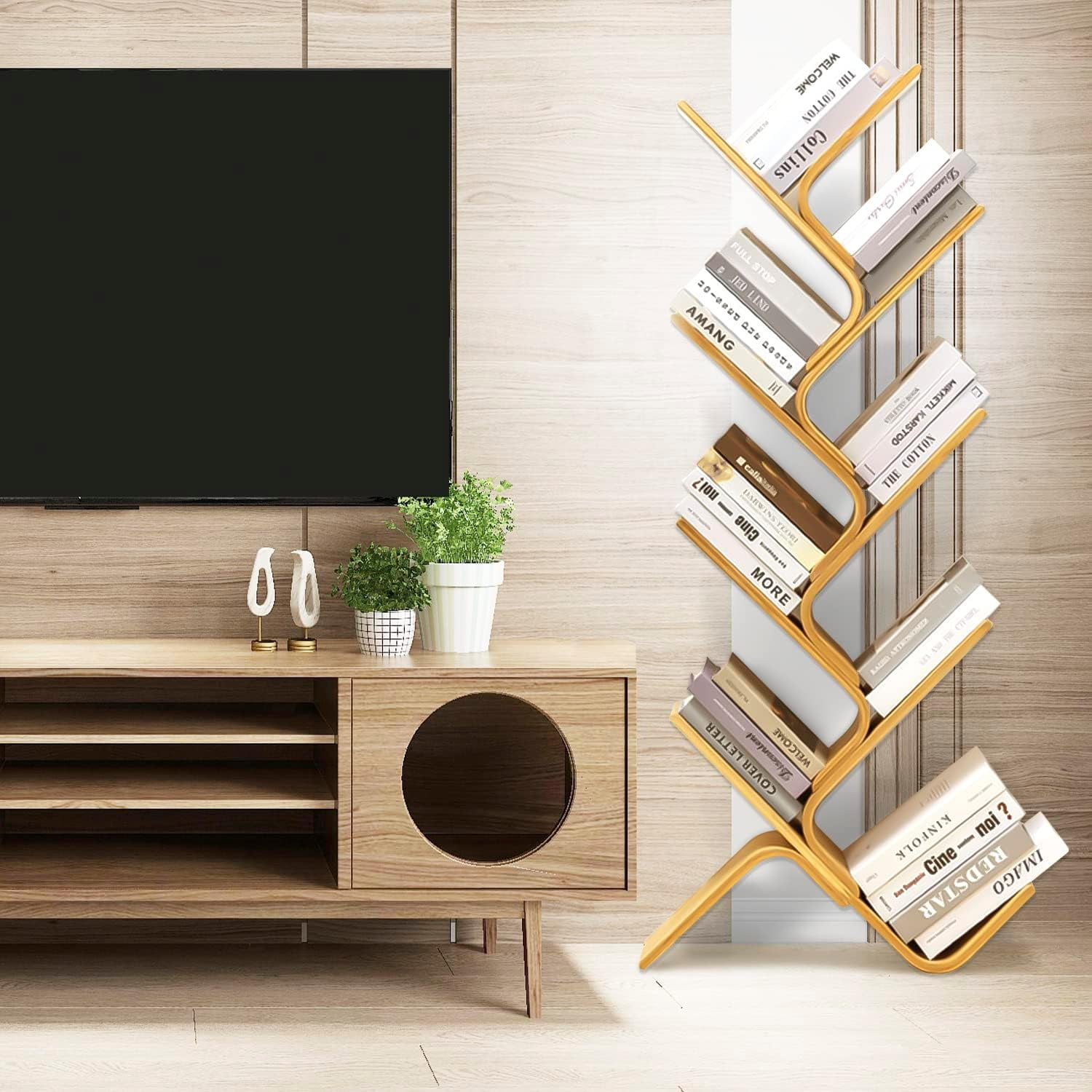 Modern Bamboo Tree Bookshelf for Home, Creative Curved Corner Book ...