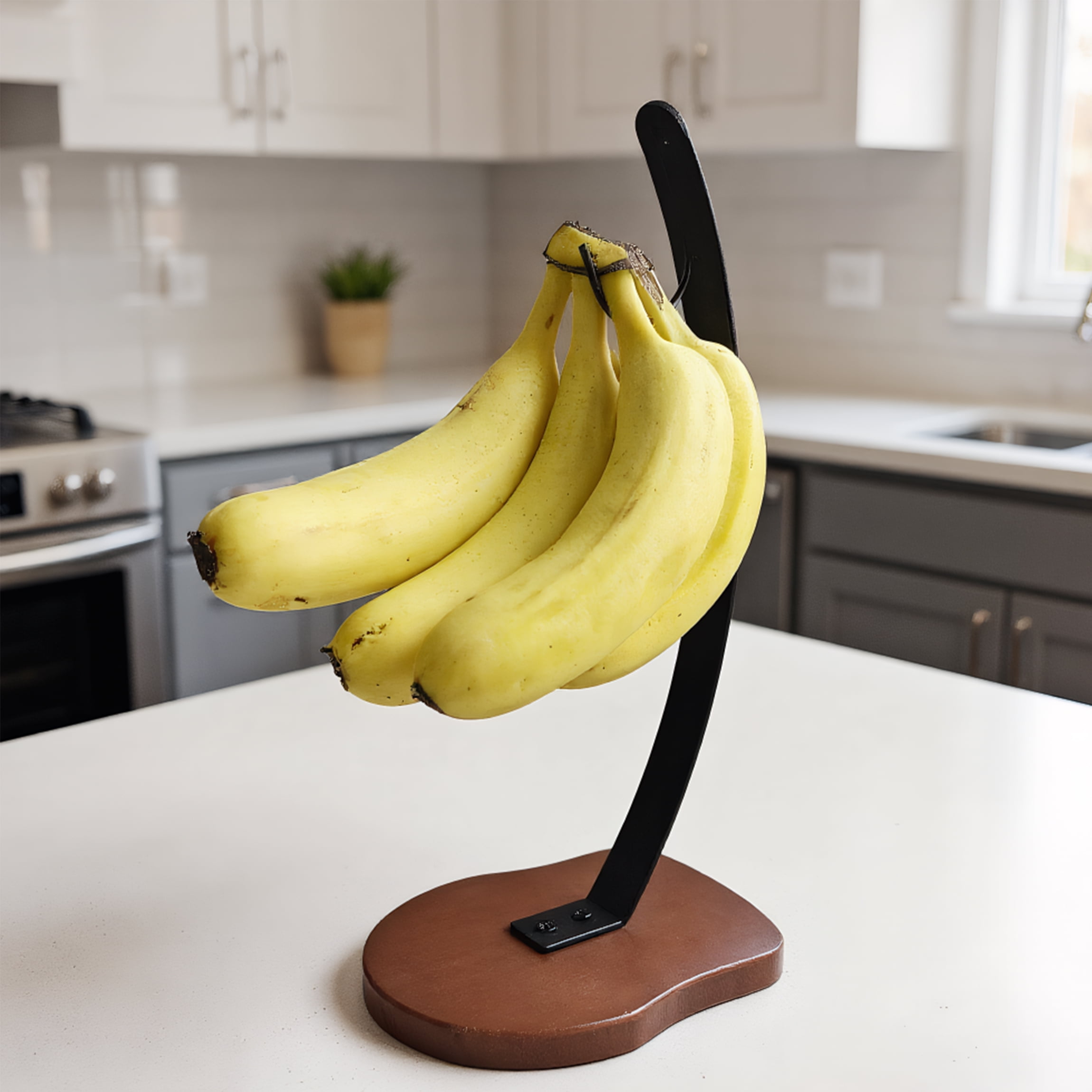 Modern Banana Stand with Wooden Base, Metal Hook Design Banana Holder ...