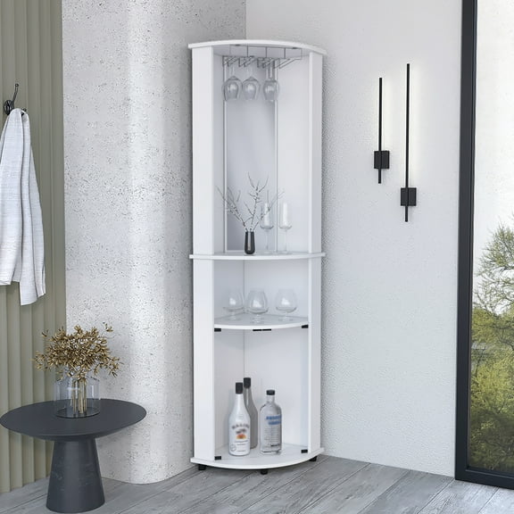 Corner Bar Cabinet w/LED Lights, Tall Modern Wine Cabinet with Tempered ...