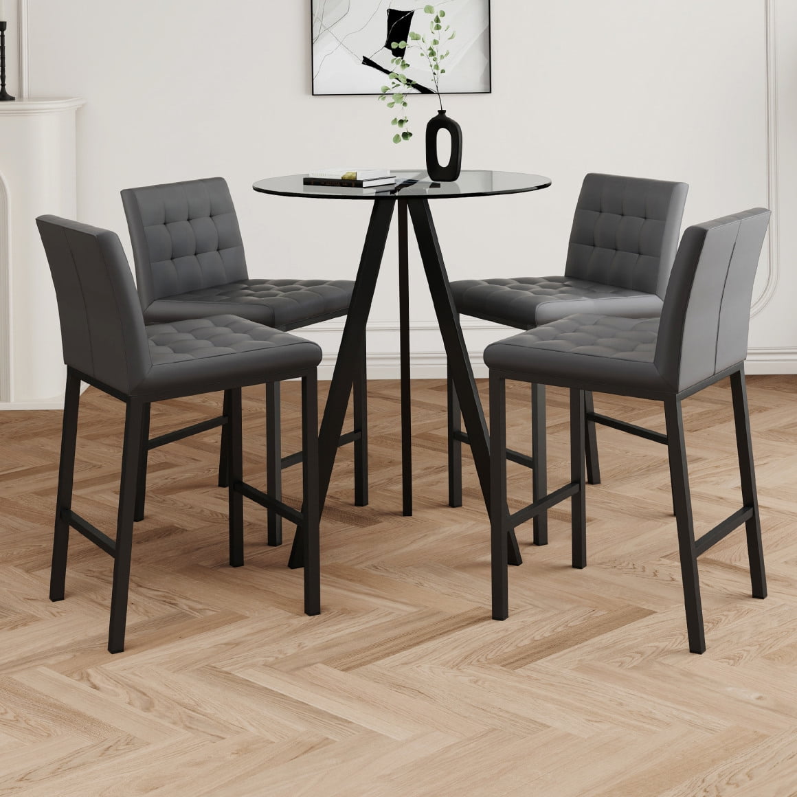 Modern Bar Set with Gray PU Fabric Chairs, Black Metal Legs & Round ...