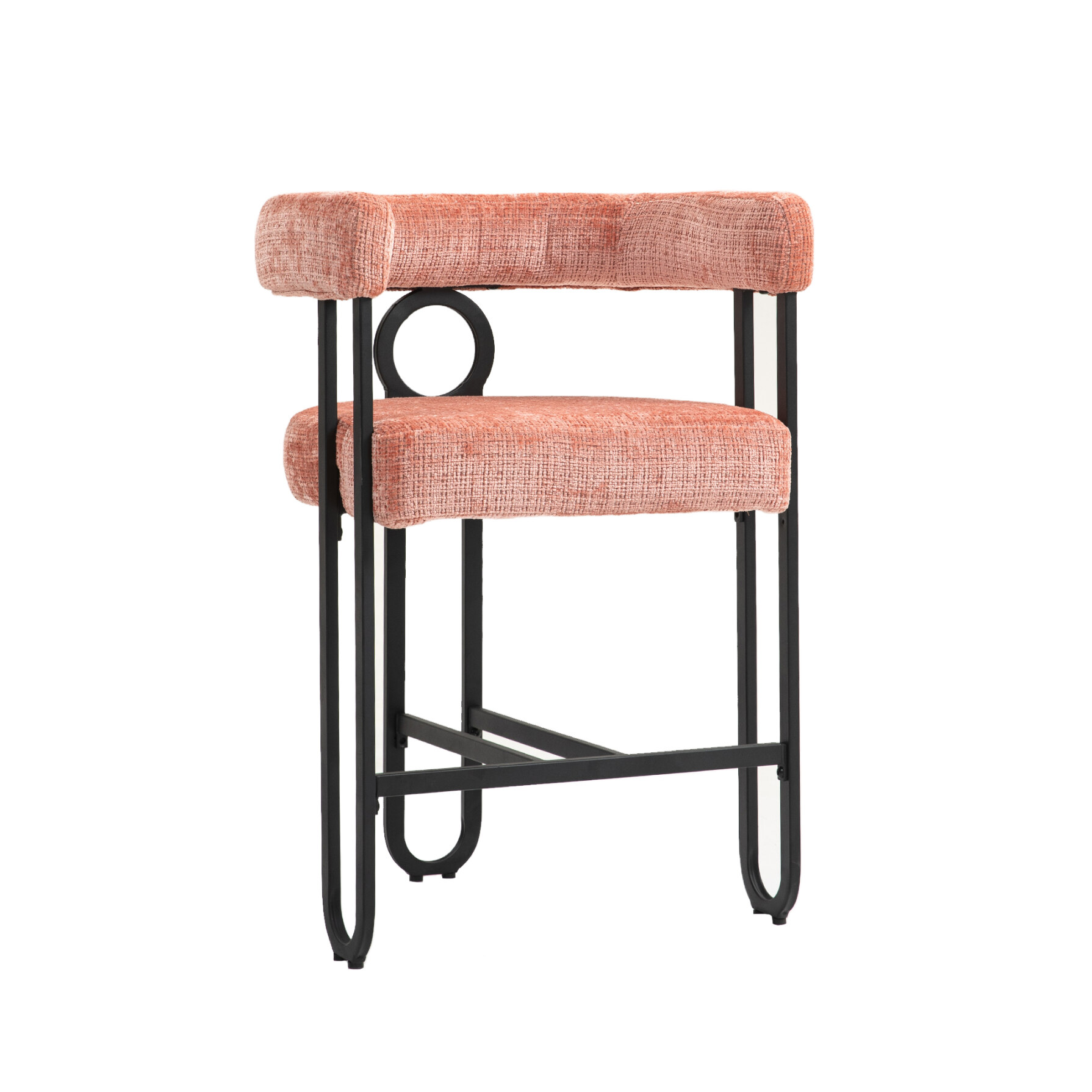 Modern Bar Stool with Backrest, Upholstered Pink Chenille Seat & Black ...