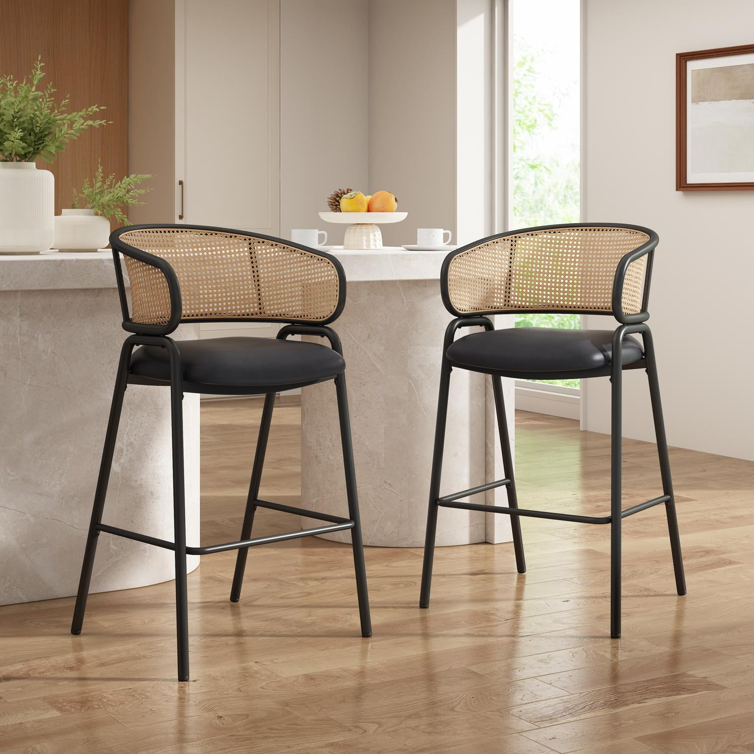 Modern Bar Stools, Counter Height Stools with Black PU Leather Seat and ...