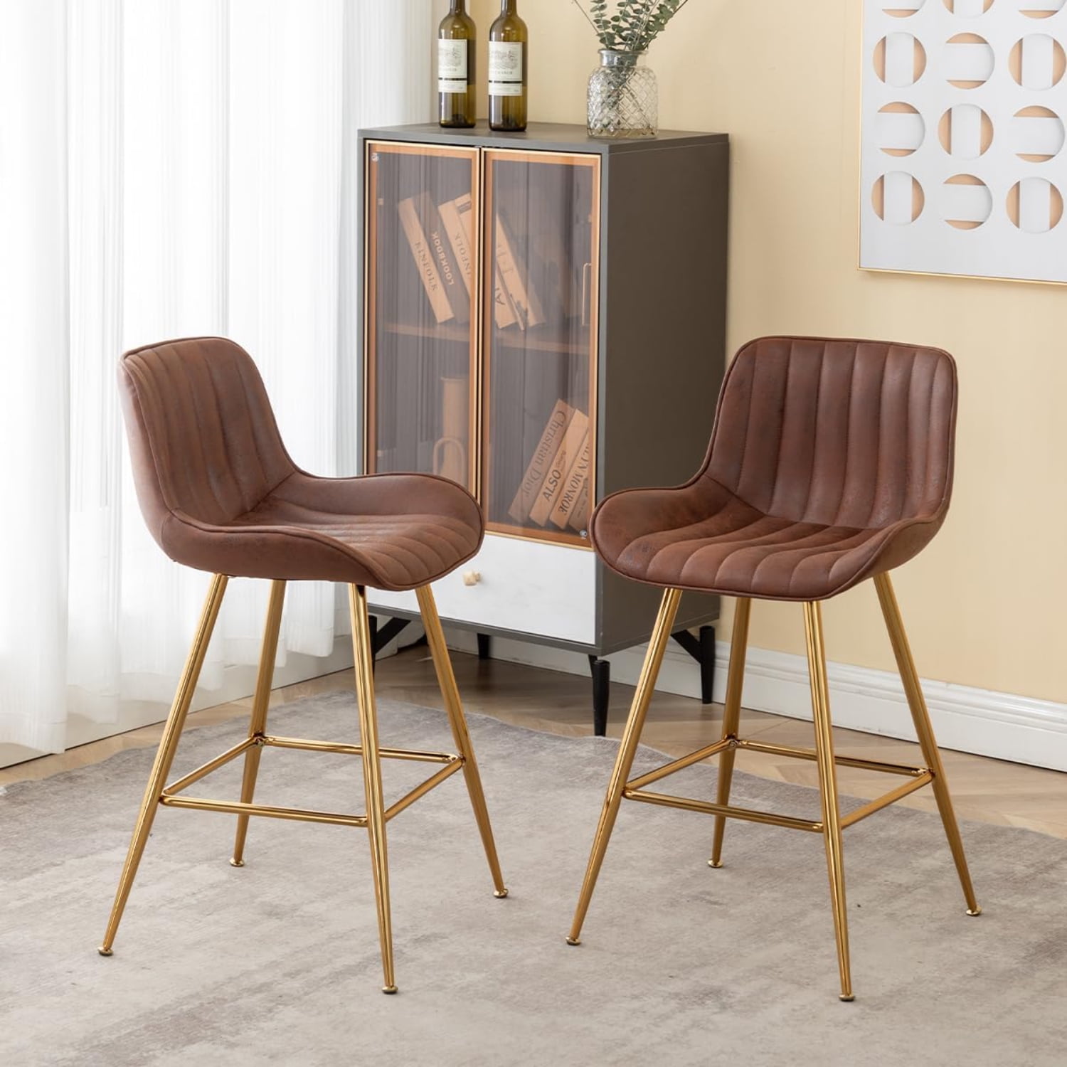 Modern Bar Stools Gray Velvet Bar Stools with Backrest and Solid Metal ...