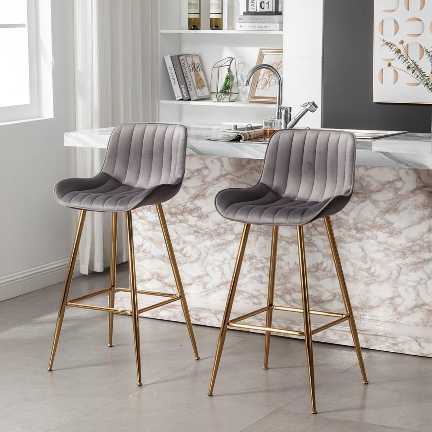 Modern Bar Stools Gray Velvet Bar Stools with Backrest and Solid Metal ...