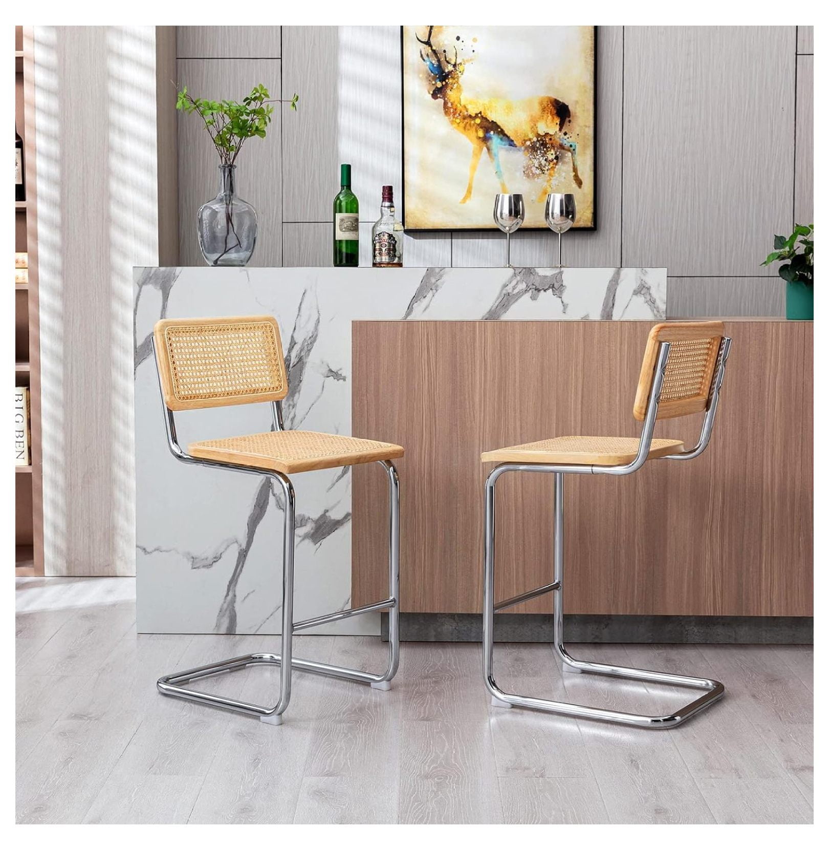 Modern Bar Stools Set of 2, 24 Inch Rattan Counter Height Bar Stools ...