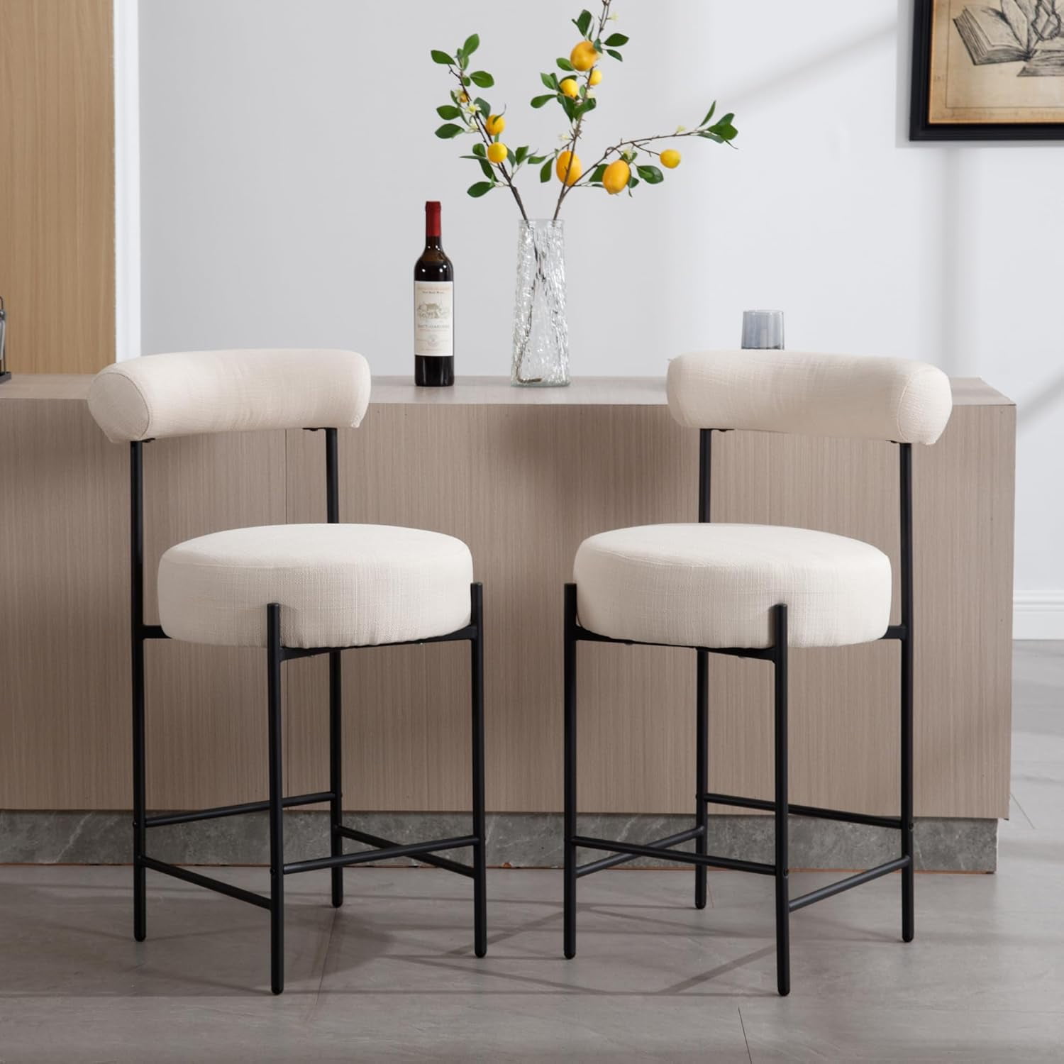 Modern Bar Stools Set of 2, 26'' Counter Height Bar Stools Beige Linen ...