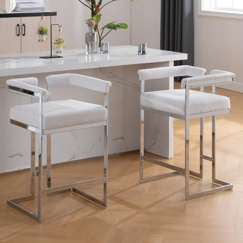 Modern Bar Stools Set of 2, 26 Inch Counter Height Stools Linen Fabric ...