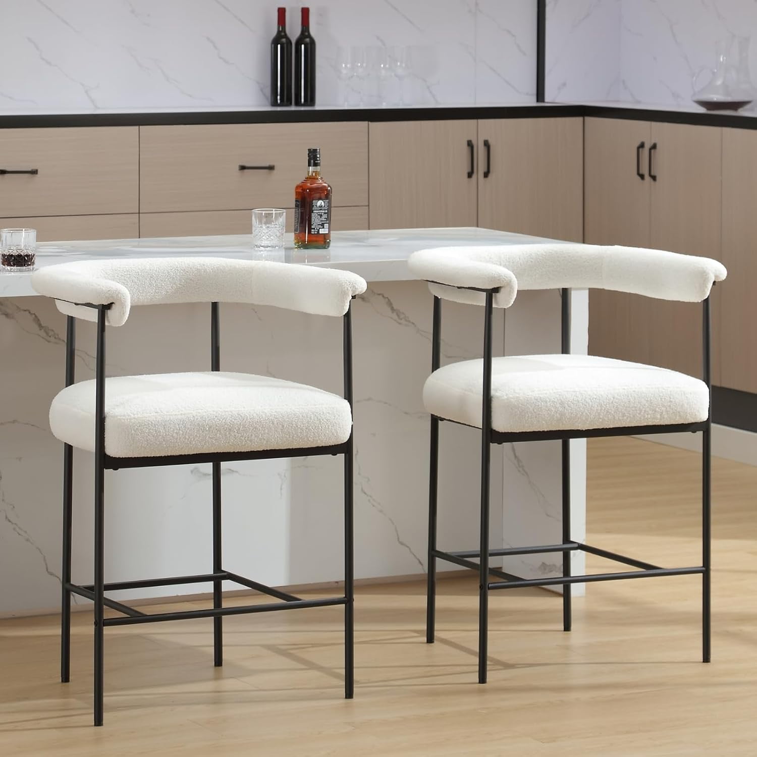Modern Bar Stools Set of 2, 26 Inch Upholstered Sherpa Fabric Counter ...