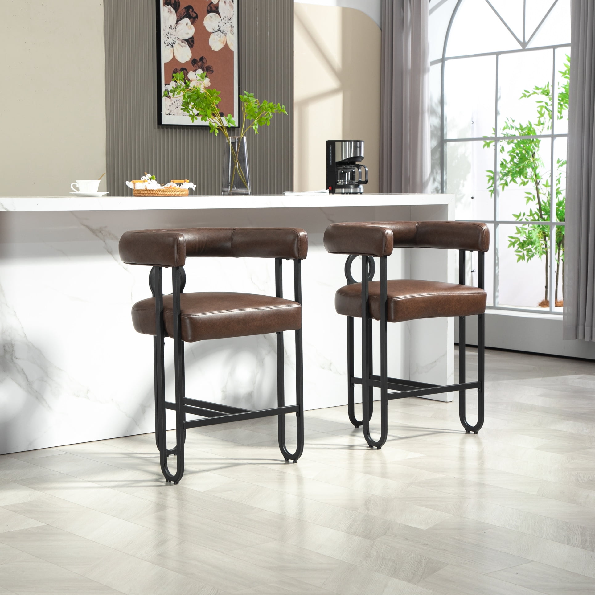 Modern Bar Stools Set of 2 with Back Support, Black Metal Frame Counter ...