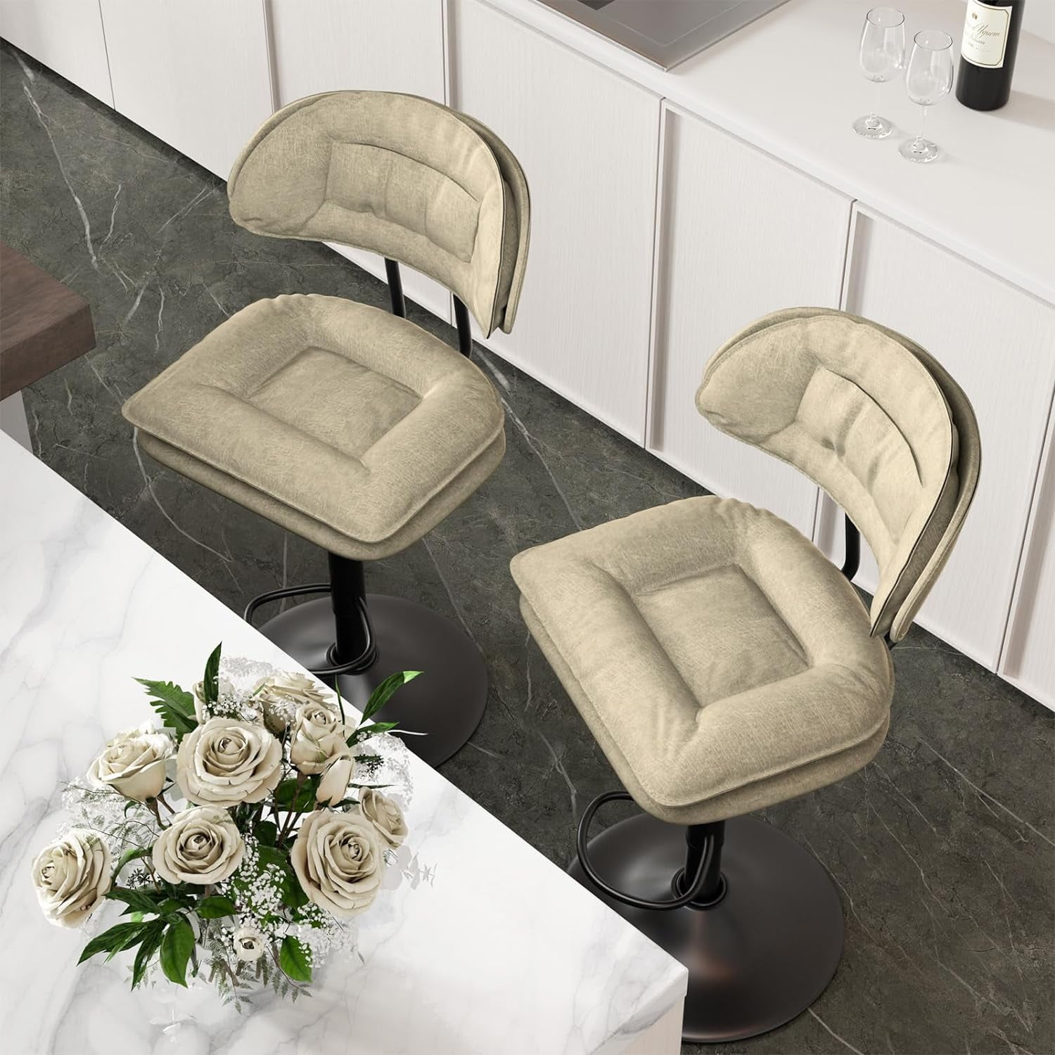 Modern Bar Stools Set of 2, Ergonomic Upholstered Bar Stools with Back ...